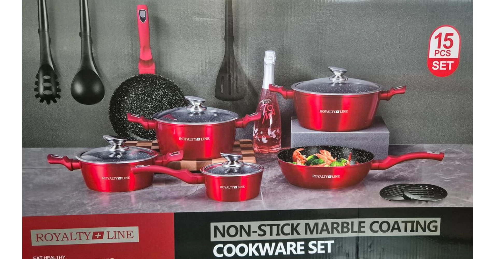 Royalty Line 15 részes márvány bevonatú edénykészlet metál piros vagy ...